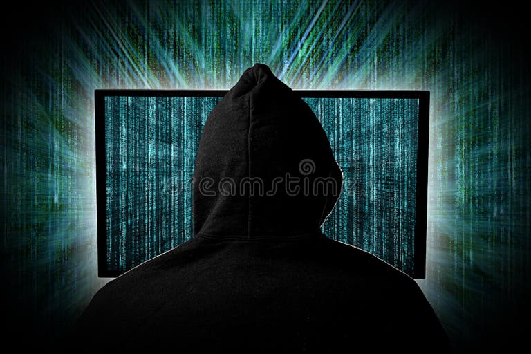 Hacker Behind Glowing Computer Monitor Display in Front of Green Source Binary Code Background ...