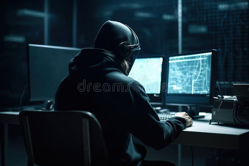 Hacker from Behind Using a Computer in a Dark Room Stock Illustration - Illustration of hacking ...