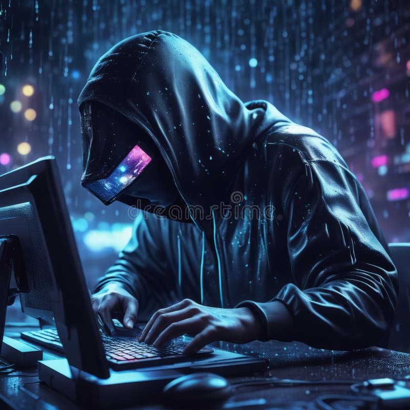 Hacker in Black and Blue Hood and Laptop in the Dark. Cyber Attack ...