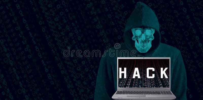 Hacker In Black Hood On Binary Background Code Containing A Binary Stream And A Security
