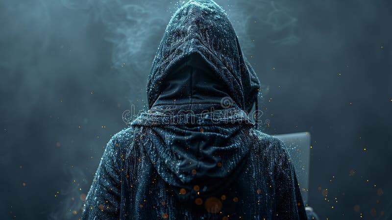 A Hacker in a Black Hood with His Laptop. Internet Crime Stock ...