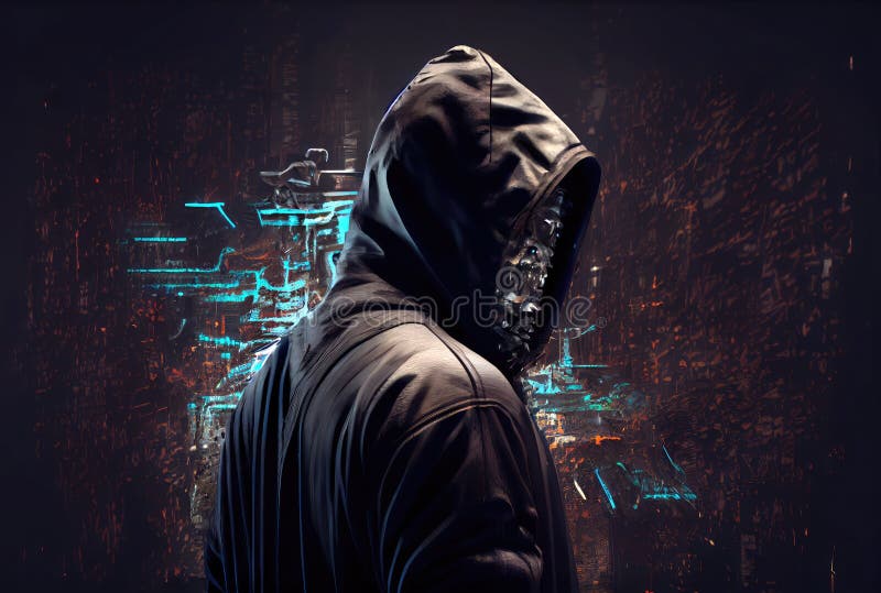 Hacker in the Black Hood in the Server Room Unrecognizable People ...
