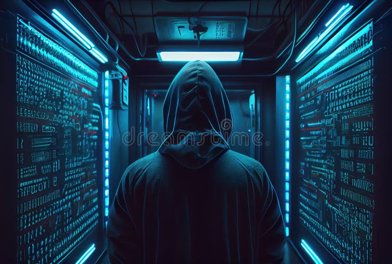 Hacker in the Black Hood in the Server Room. Unrecognizable People ...