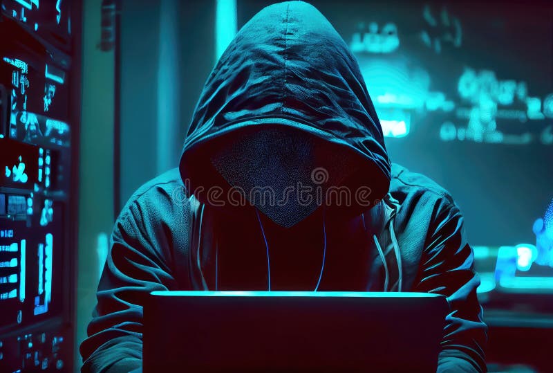 Hacker in the Black Hood in the Server Room. Unrecognizable People ...