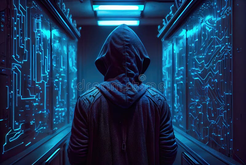 Hacker in the Black Hood in the Server Room. Unrecognizable People ...