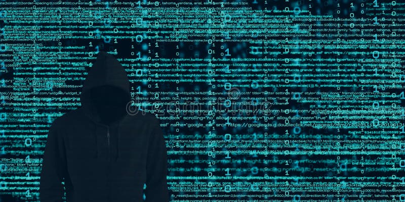 Hacker In Black Hood Shows The Extraction Through Binary Stand In Front Of A Code Background