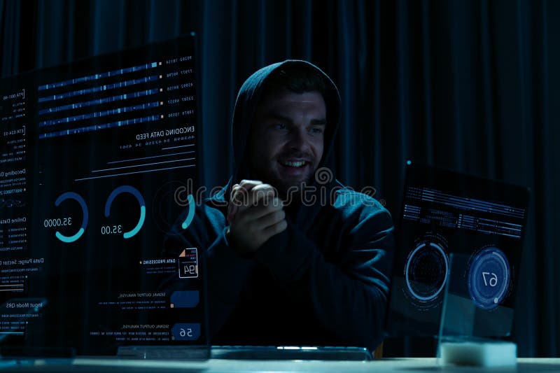 Hacker in Black Hood Use Computer and Success in Cyber Attack through ...