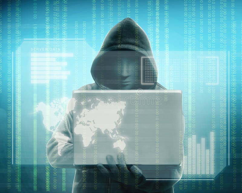 Hacker In Black Hoodie Holding Laptop With His Hand And Virtual Screen ...