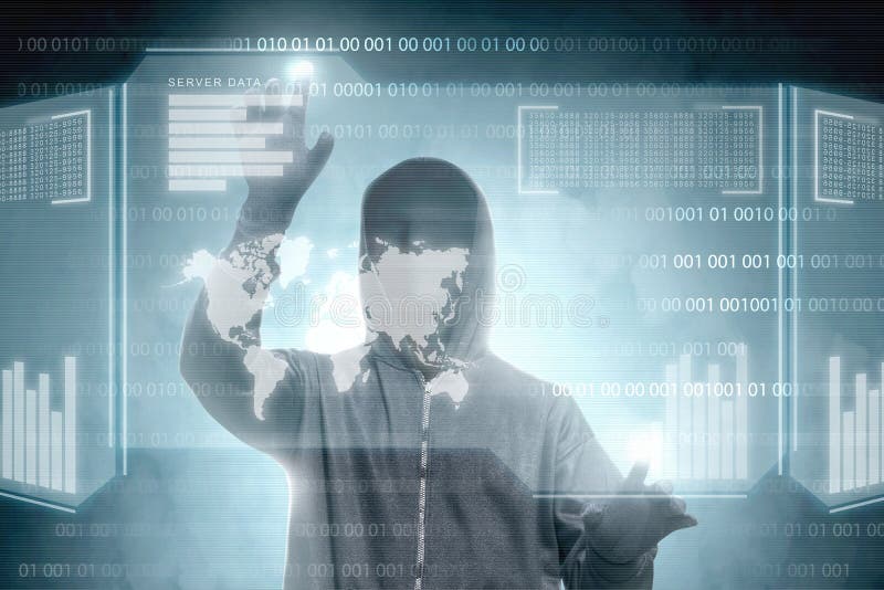 Hacker in Black Hoodie Holding Laptop and Virtual Screen Display the ...