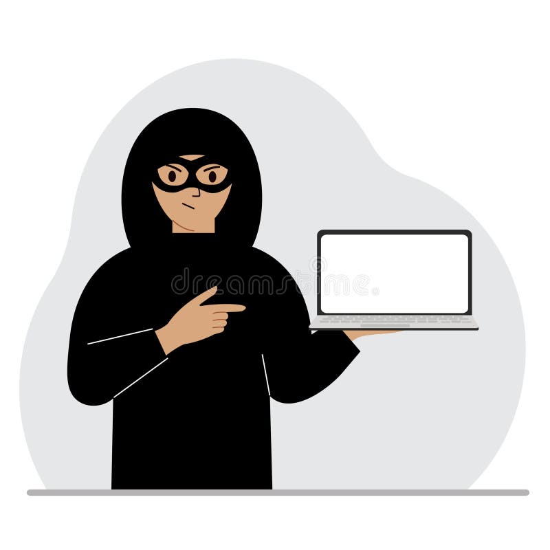 Hacker in a Black Mask with a Computer. the Cybercriminal is Holding a ...