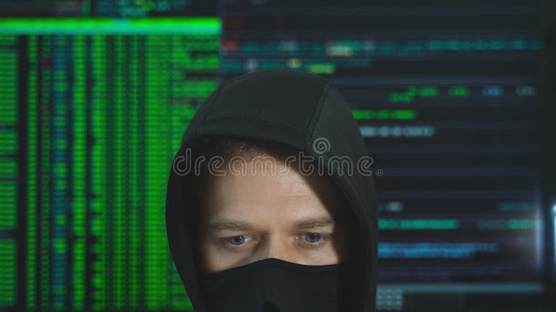 Hacker in black mask. stock video. Video of binary, hood - 159862095