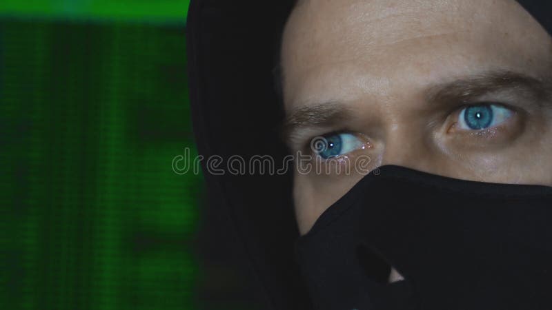 Hacker in black mask. stock video. Video of binary, hood - 159862095