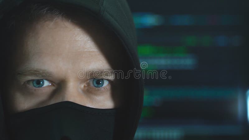 Hacker in black mask. stock video. Video of binary, hood - 159862095