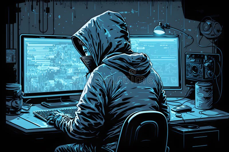 Hacker in a Blue Hoody Standing in Front of a Code Background. Neural ...