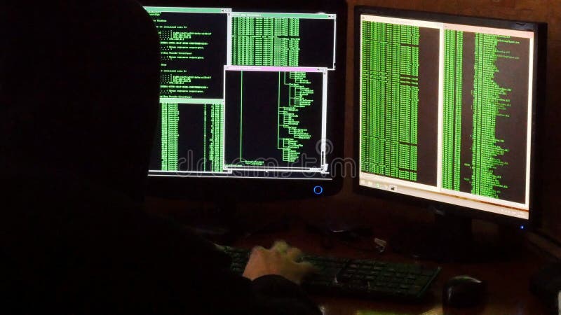 Hacker Breaking Code. Criminal Hacker with Black Hood Penetrating ...