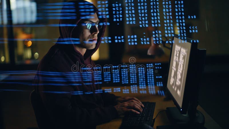 Hacker Breaking Computer System in Data Hologram Closeup. Spy Programer ...