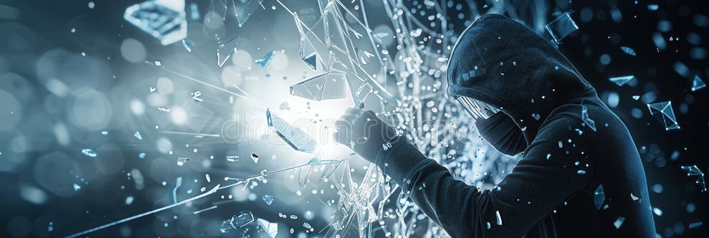 A Hacker is Breaking through a Digital Firewall with Fragments of the ...