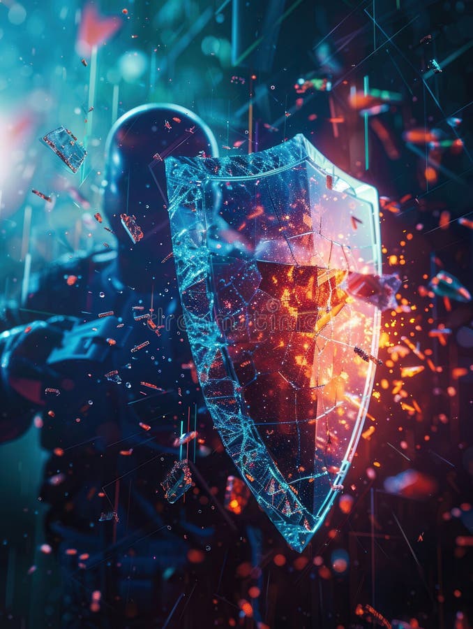 A Hacker is Breaking through a Digital Shield, with Shield Fragments ...