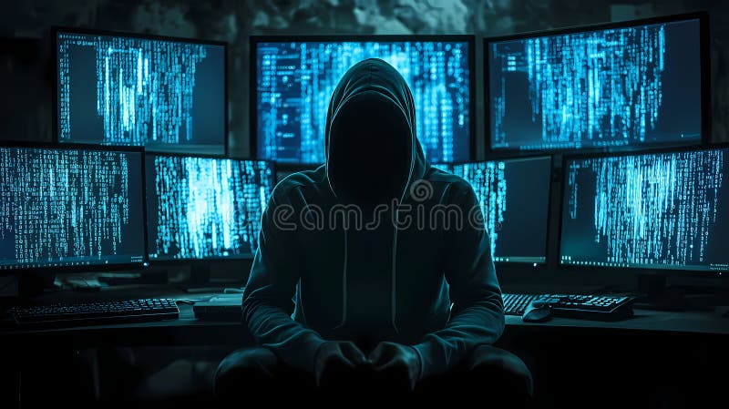 Hacker Breaking Server Password In Data Center With Multiple Monitors Showing Source Code Stock