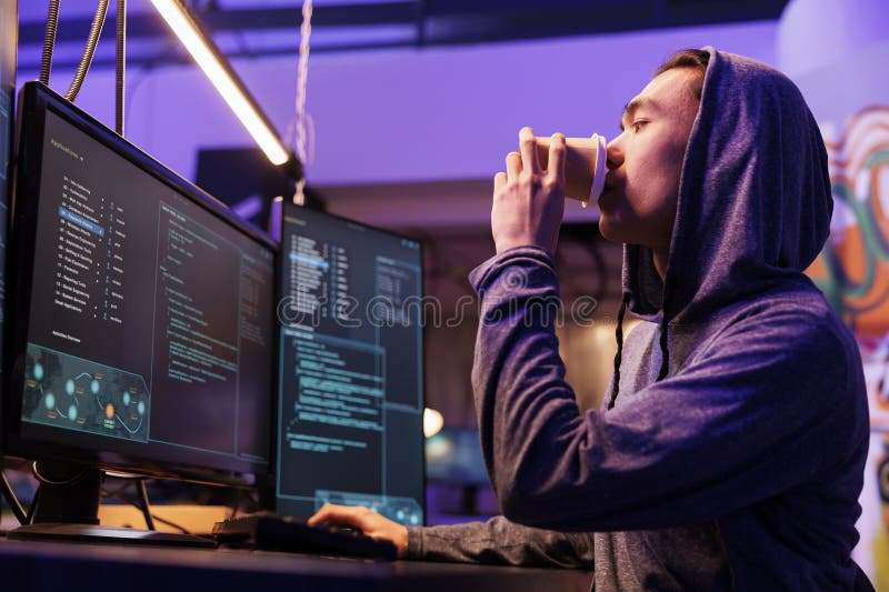 Hacker Breaking Website, Drinking Coffee Stock Photo - Image of ...