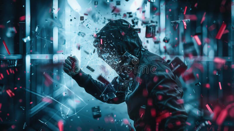 A Hacker Breaks through a Digital Barrier, Scattering Fragments Around ...