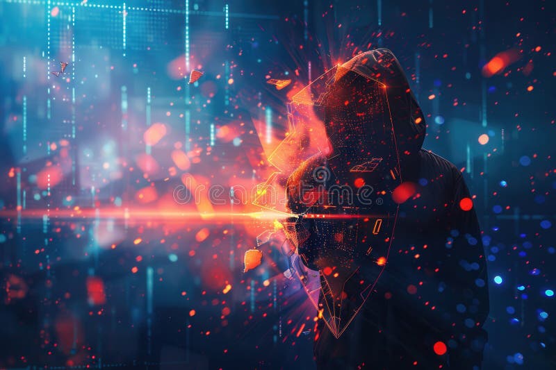 A Hacker Breaks through a Digital Shield, Causing Fragments To Scatter ...