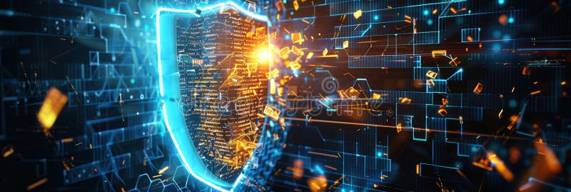 A Hacker Breaks through a Digital Shield, Scattering Fragments Around ...