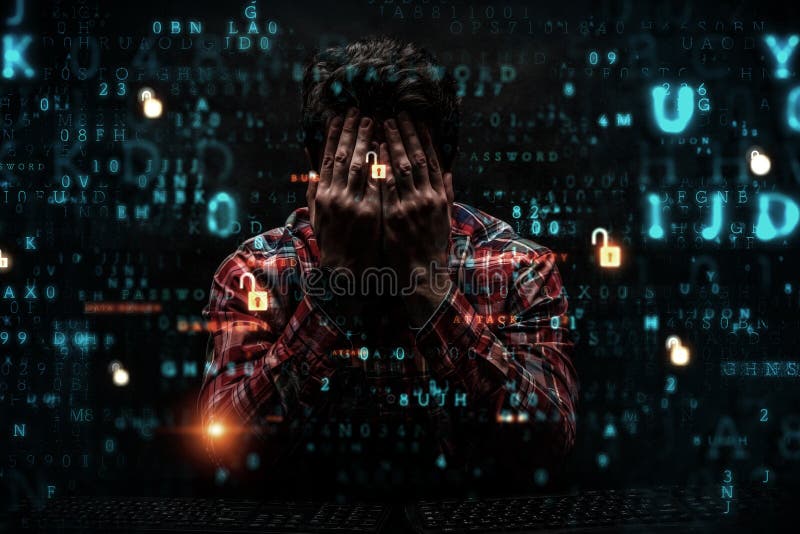 Hacker in Casual Clothes Dark Theme Stock Image - Image of network ...