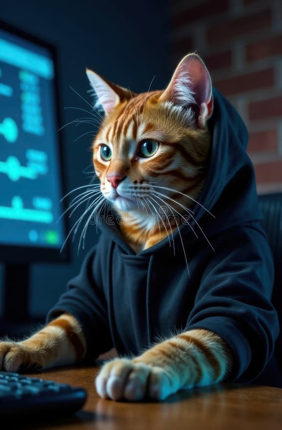 Hacker Cat Programming on Computer Wearing Hoodie: Cybersecurity ...