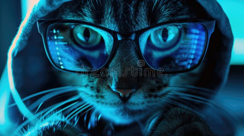 Hacker Cat Uses Computer in Dark Room, Digital Data Reflected in ...