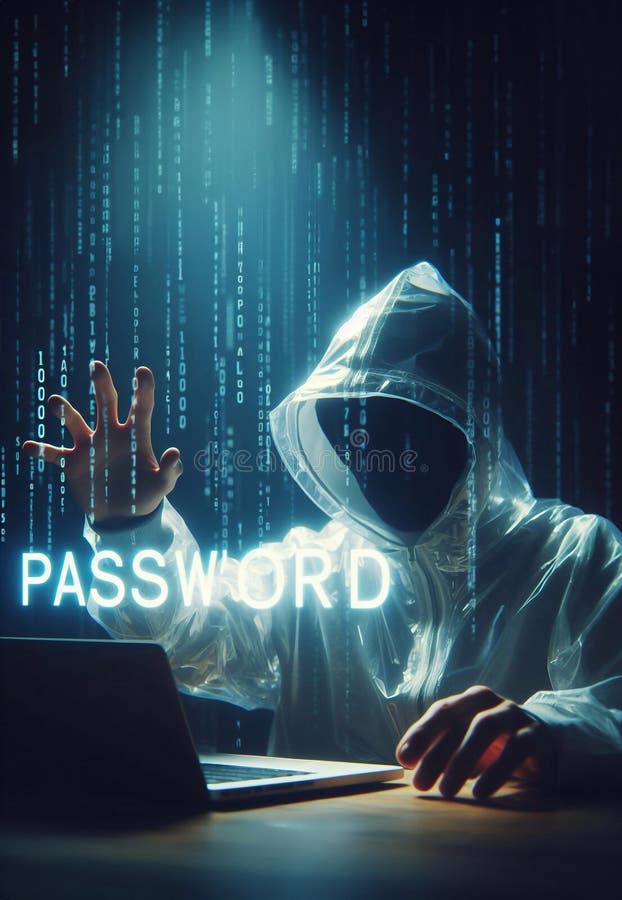 A Hacker in a Hooded Sweatshirt, Grabs the Word Password on a Computer ...