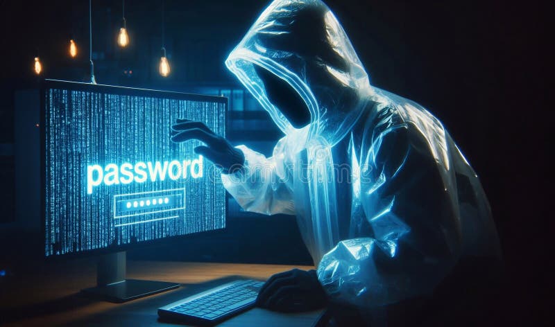 A Hacker in a Hooded Sweatshirt, Grabs the Word Password on a Computer ...