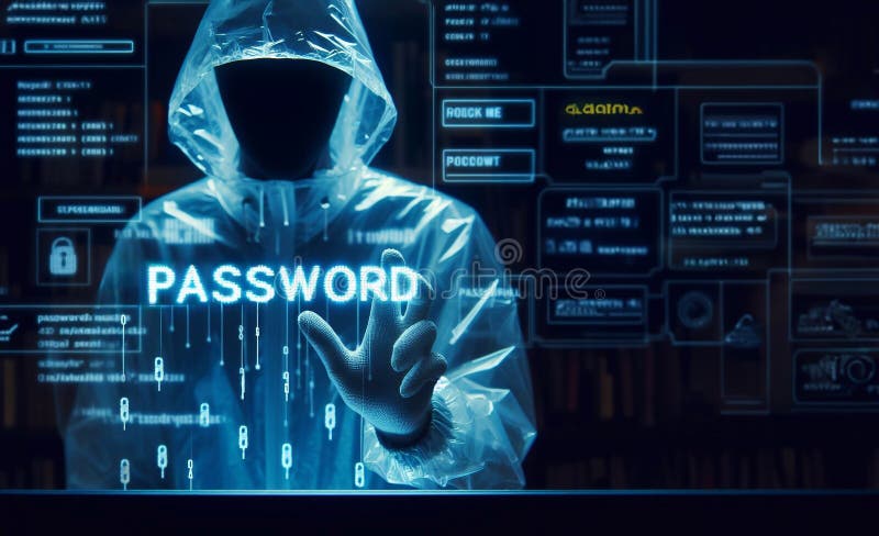 A Hacker in a Hooded Sweatshirt, Grabs the Word Password on a Computer ...