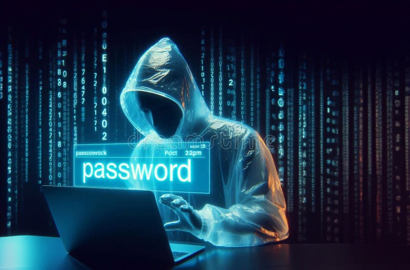 A Hacker in a Hooded Sweatshirt, Grabs the Word Password on a Computer ...