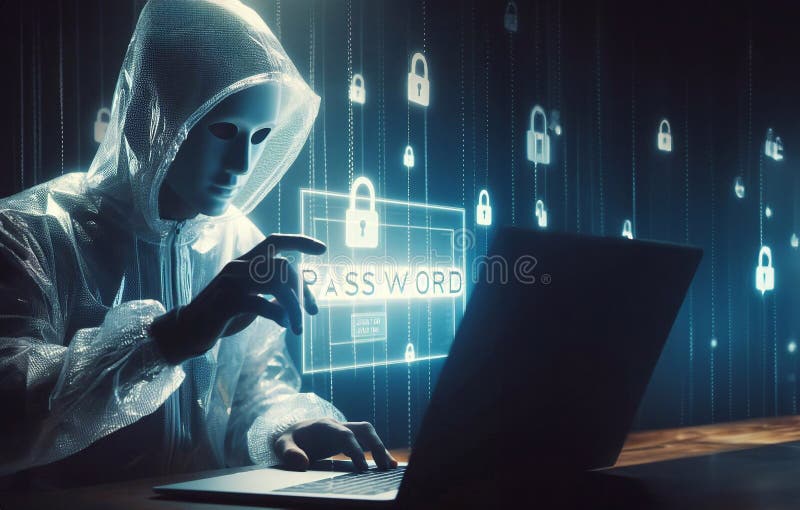 A Hacker in a Hooded Sweatshirt, Grabs the Word Password on a Computer ...