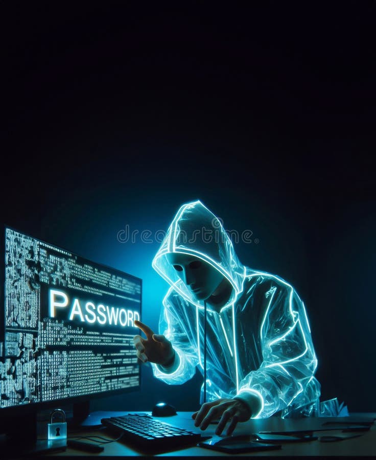 A Hacker in a Hooded Sweatshirt, Grabs the Word Password on a Computer ...