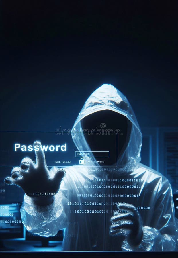 A Hacker in a Hooded Sweatshirt, Grabs the Word Password on a Computer ...