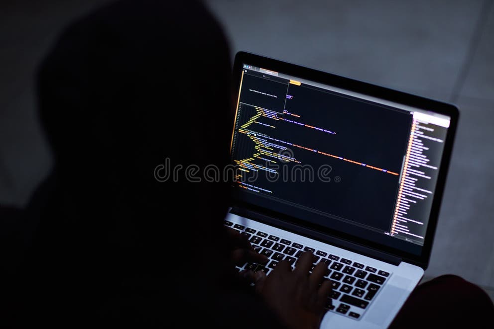 Hacker Code And Cyber Security With Person And Laptop Screen For