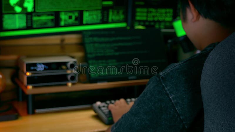 Hacker Coding in Dark Cinematic Room with Glowing Green Code, Cyber ...
