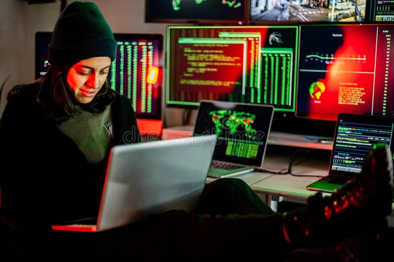 Hacker Breaking into Corporate Network Using Laptop and Multiple Screens Stock Photo - Image of ...