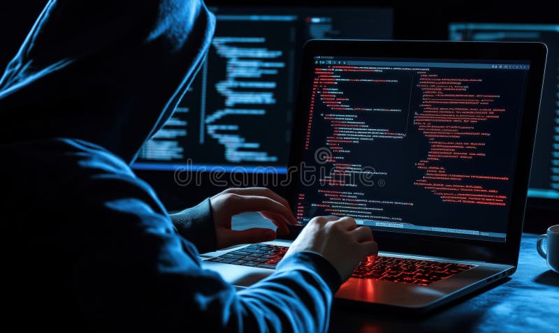 Hacker Coding on Laptop in Dark Environment, Focused on Screen, Multiple Monitors Displaying ...