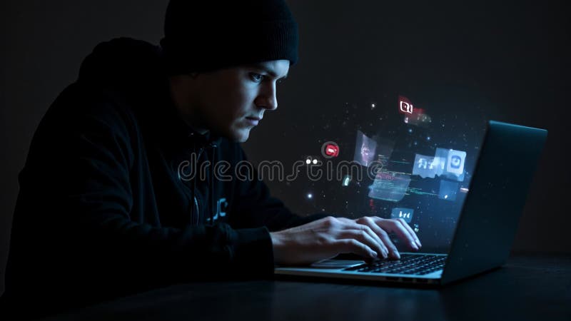 Hacker Coding on Laptop with Holographic Futuristic User Interface ...