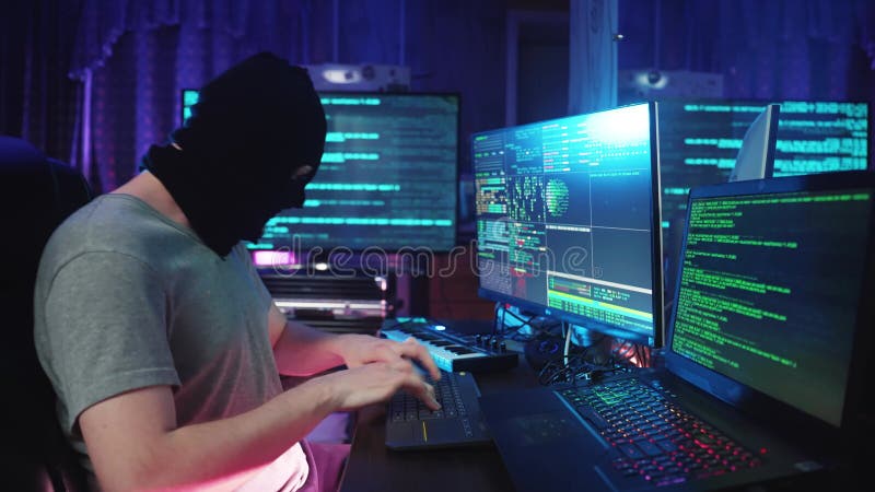 Funny Cyber Hackers Coding on Computer or Man in Mask Hacking Program on Laptop Stock Footage ...
