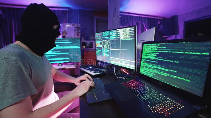 Funny Cyber Hacker Coding On Computer Or Man In Mask Hacking Program On