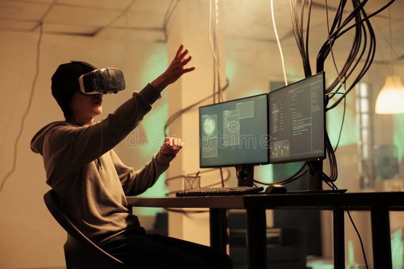Hacker Coding Malware In Vr Glasses Hacking In Metaverse Stock Image