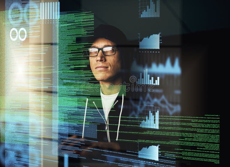 Hacker, Coding and Man in Night with Software, Hologram and Information Technology, Criminal and ...