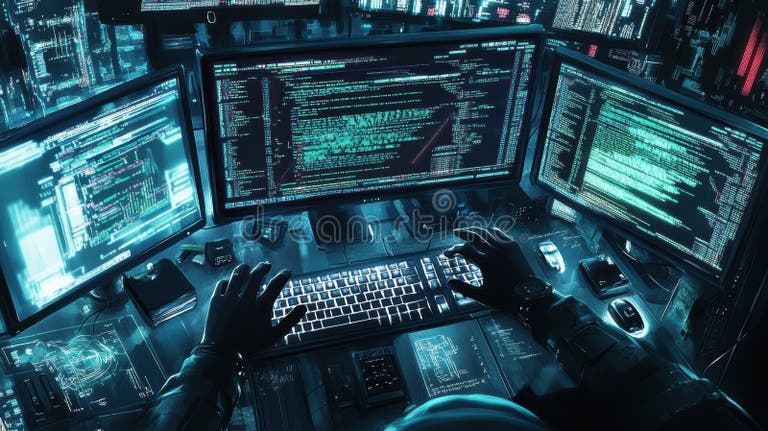 Hacker Coding on Multiple Computer Screens in a Dark Room Stock Photo ...