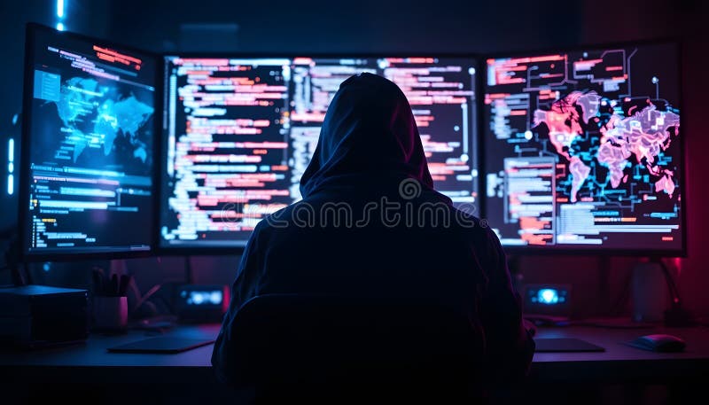 Hacker Coding on Multiple Screens Cyber Security Concept for Technology Stock Illustration ...