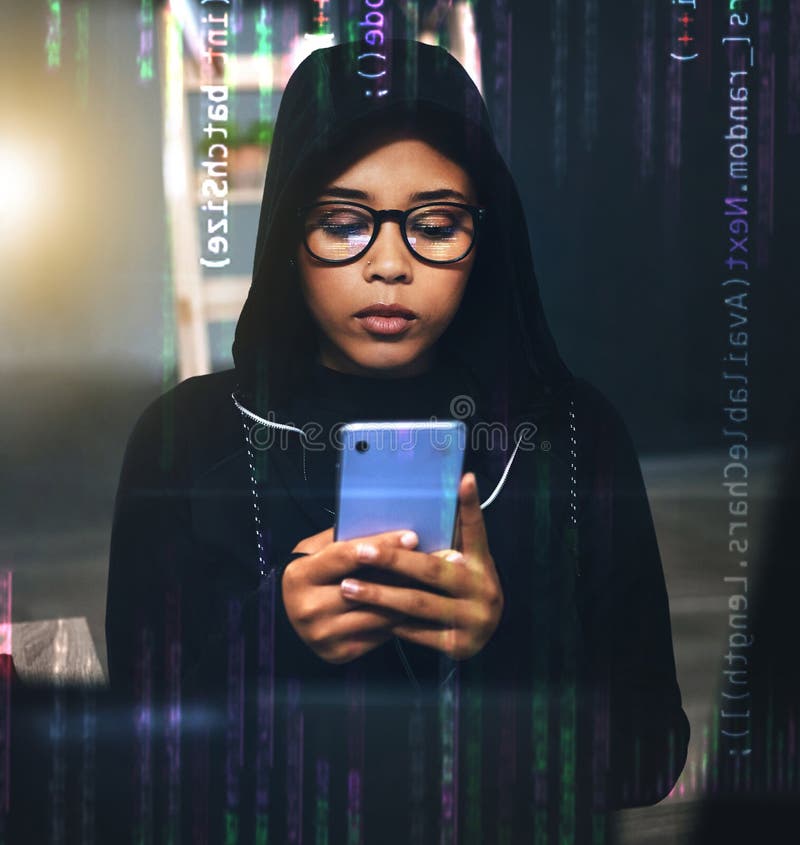 Hacker, Coding Overlay and Woman with Phone at Night for Cybersecurity ...