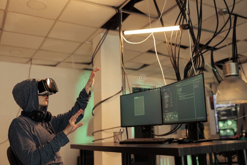 Hacker Coding Spyware In Vr Cracking Password In Metaverse Stock Image